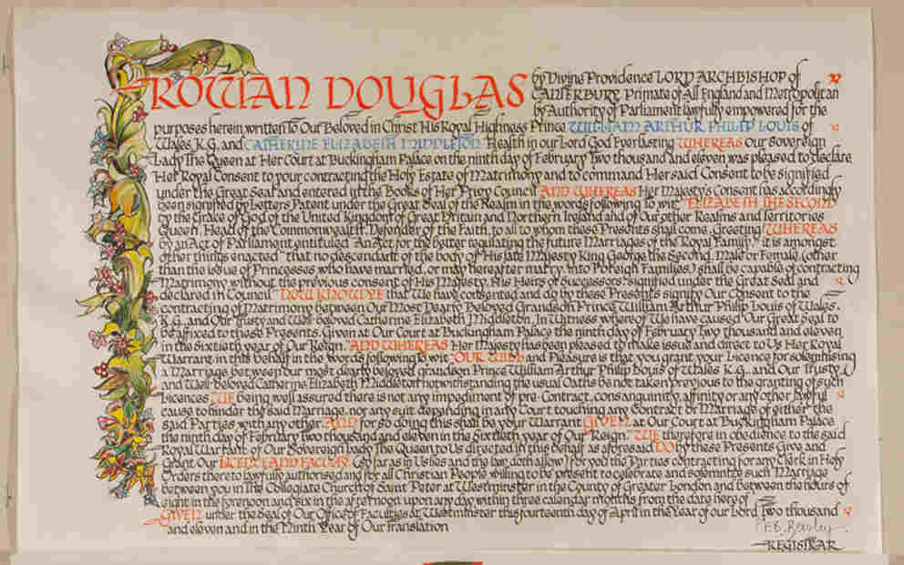 Prince William and Catherine Middleton marriage licence | Westminster Abbey